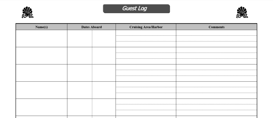 Boat Log Table of Contents of the logbook