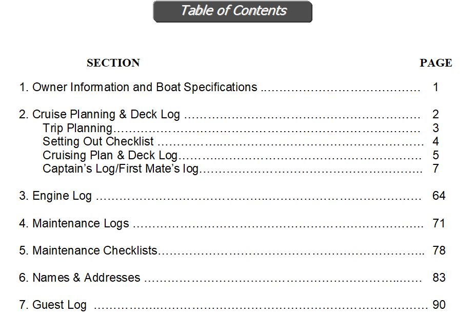 Boat Log Table of Contents of the logbook